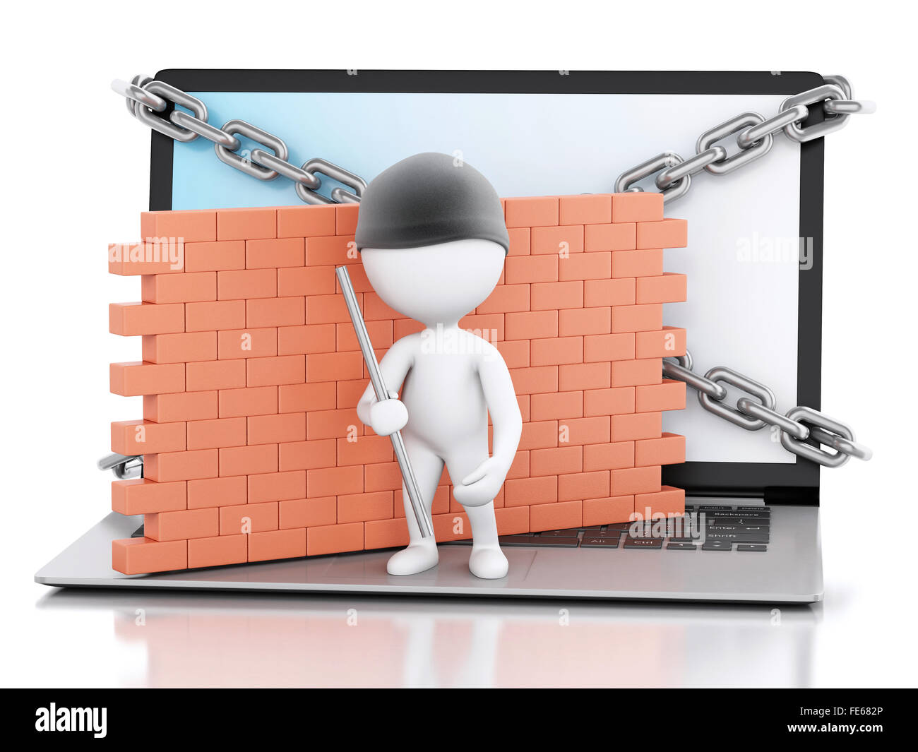 3d renderer image. White people thief. Laptop with chain and brick wall ...
