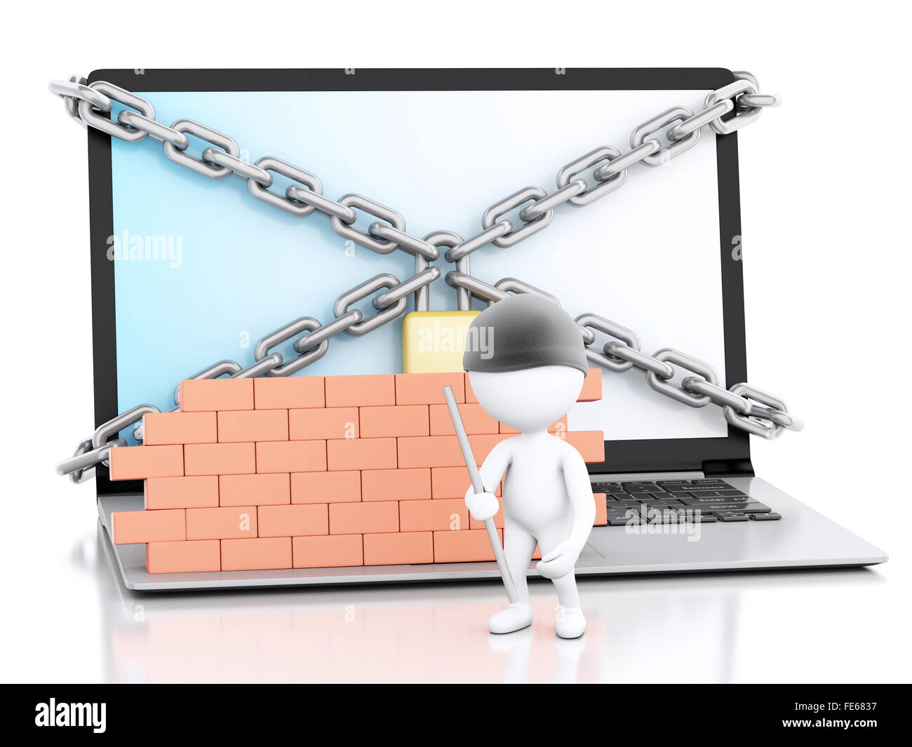 3d renderer image. White people thief. Laptop with chain and brick wall ...