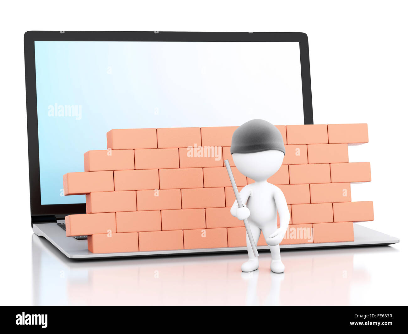 3d renderer image. White people thief. Laptop with brick wall. Firewall ...