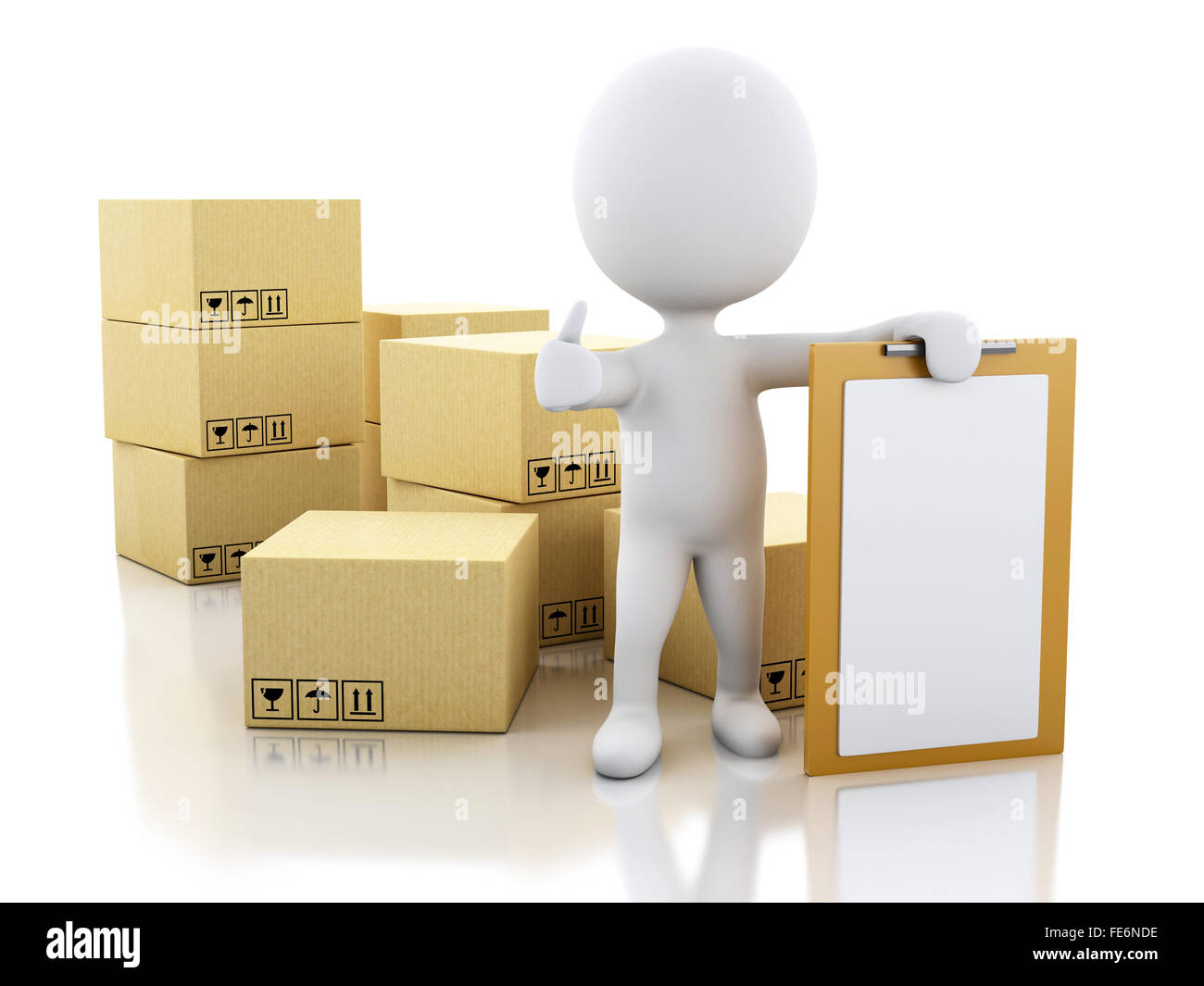 3d illustration. White people with clipboard and cardboard boxes ...