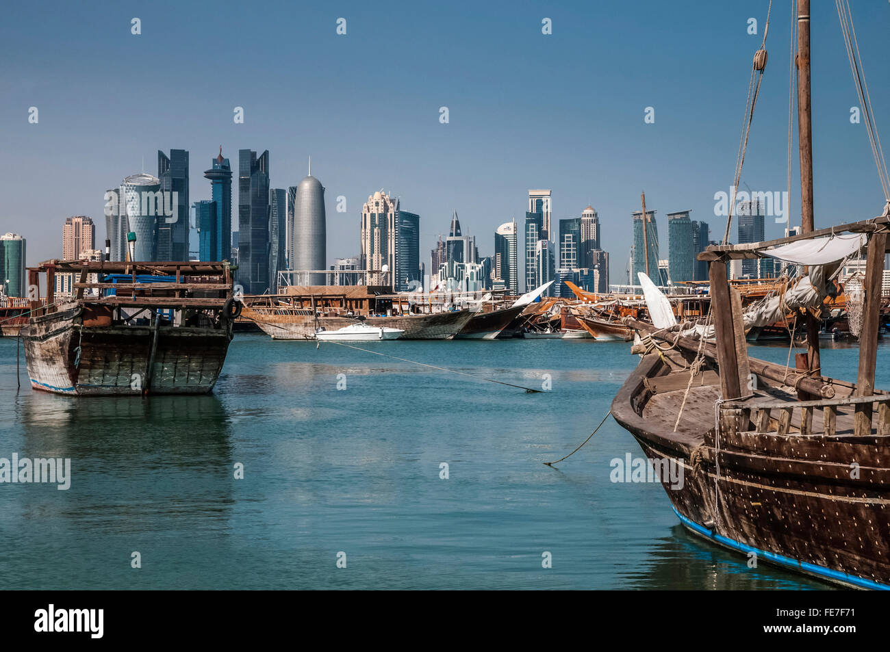 skyline skyscrapers waterfront harbour harbor Doha Qatar Middle East ...