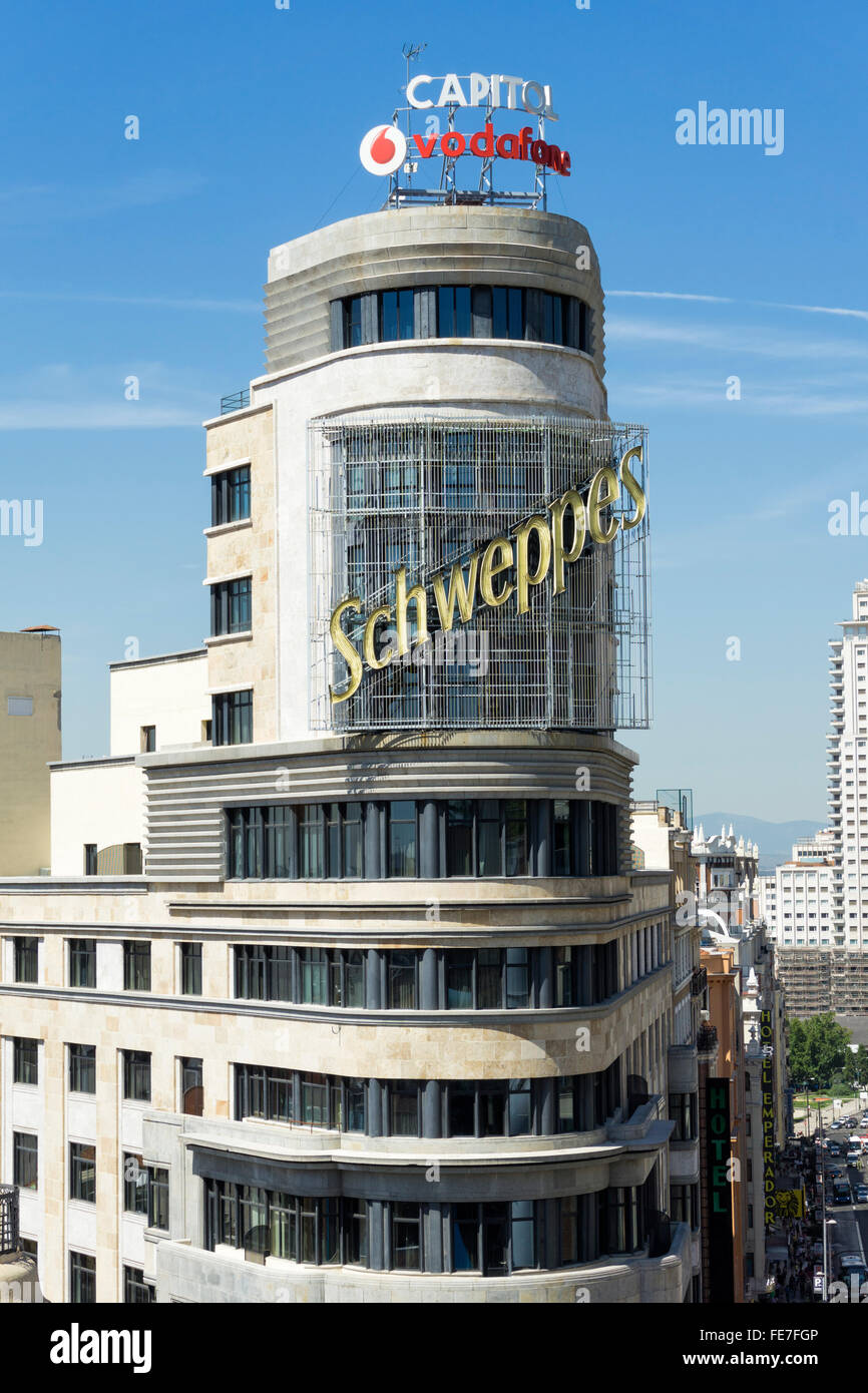 Aerial close view of the Capitol building in the Gran Via of Madrid ...