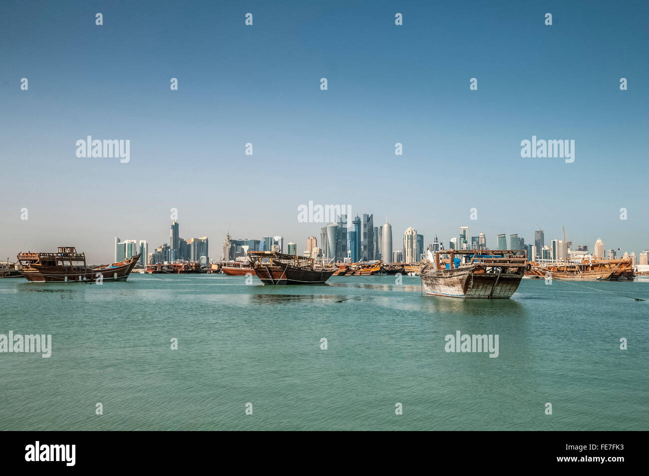 skyline skyscrapers waterfront harbour harbor Doha Qatar Middle East ...