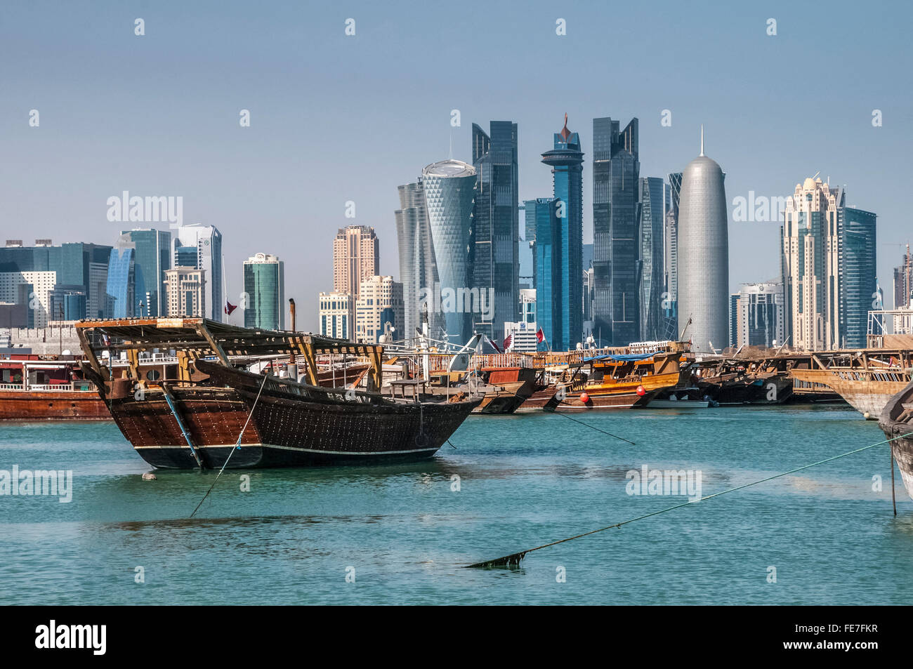 skyline skyscrapers waterfront harbour harbor Doha Qatar Middle East ...