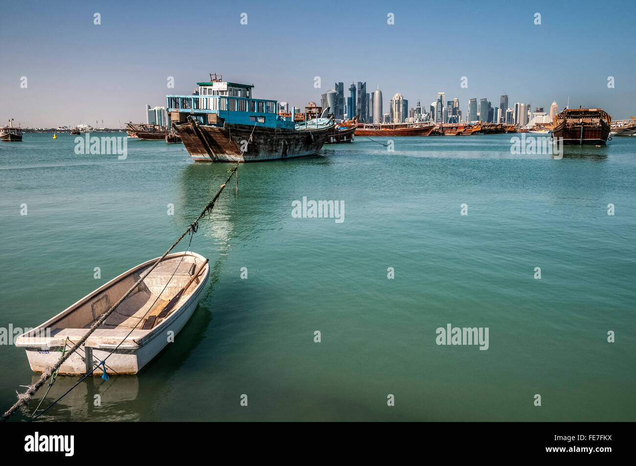 skyline skyscrapers waterfront harbour harbor Doha Qatar Middle East ...