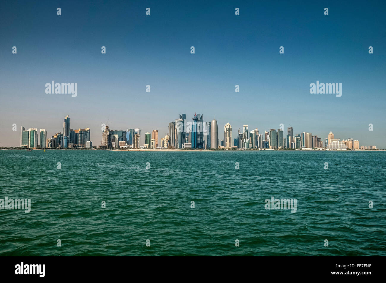 skyline skyscrapers waterfront harbour harbor Doha Qatar Middle East ...