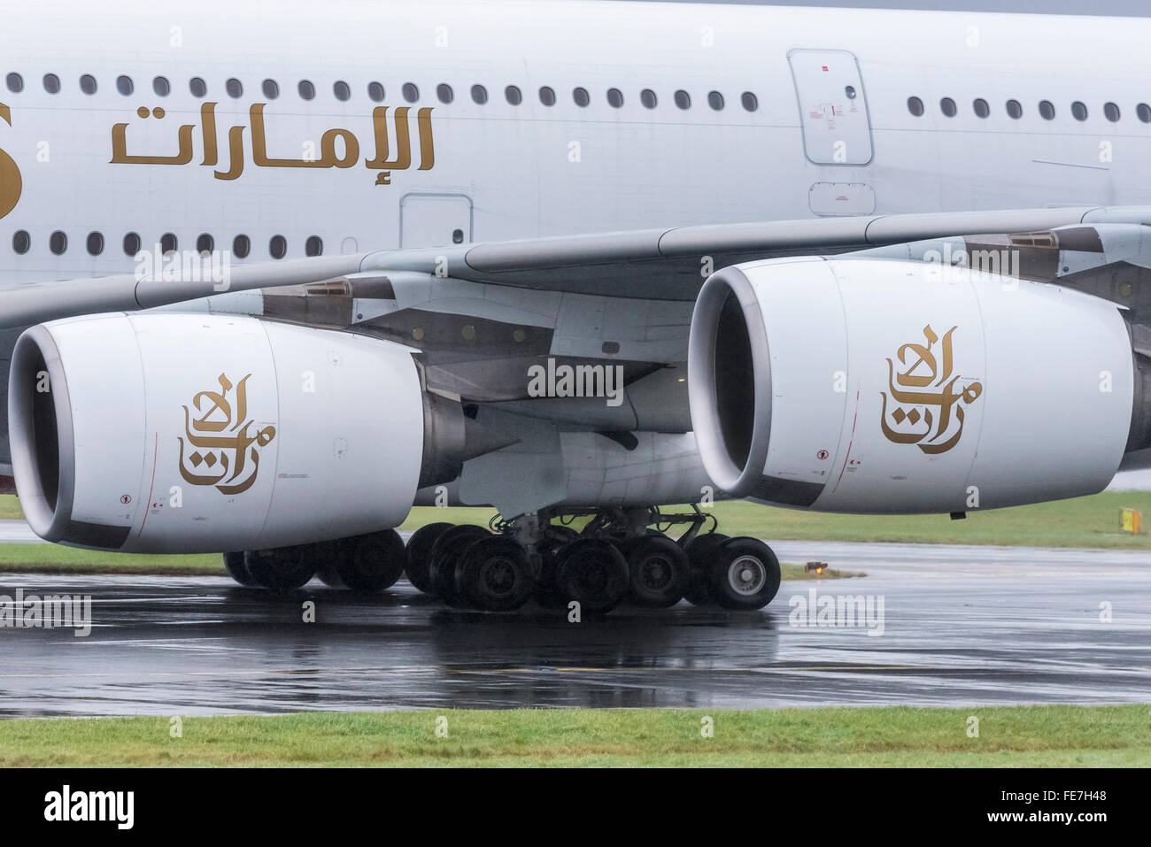 Emirates Airbus A380-800 in the wet at Manchester airport Stock Photo ...