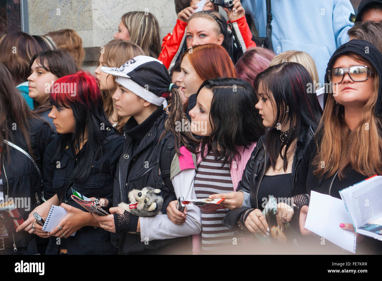 Teenage pop fans gather outside the Ritz-Carlton Hotel, Moscow, Russia ...