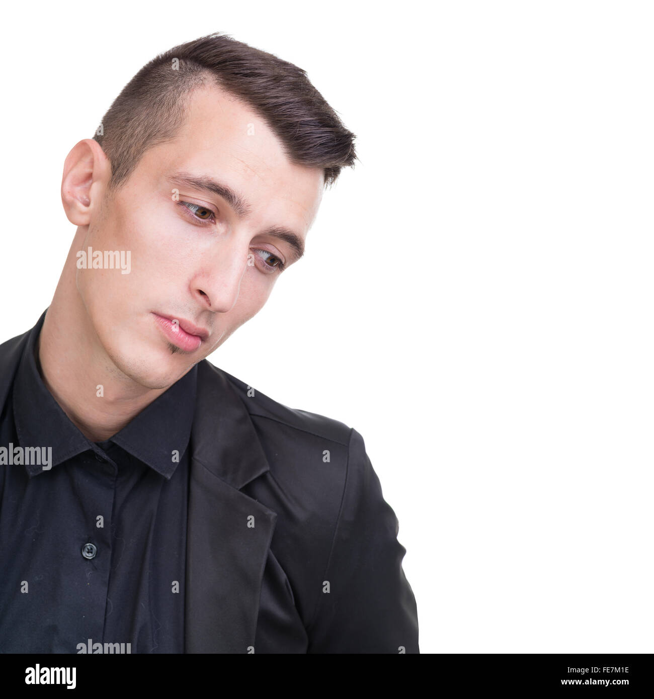 Closeup portrait of sad and depressed man isolated on white Stock Photo ...
