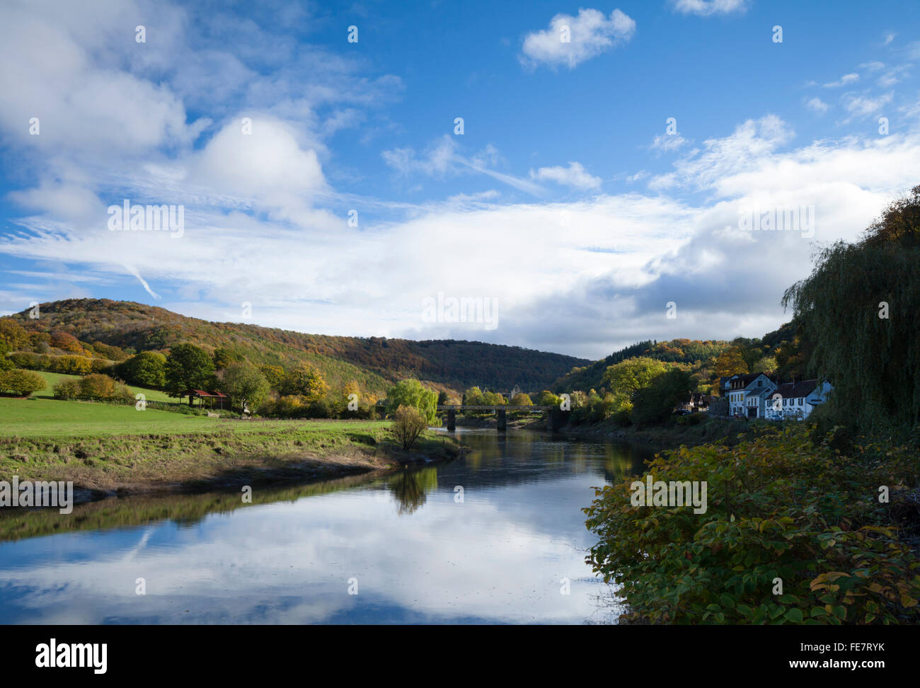Beside the River Wye at Tintern looking towards the Devils Pulpit and ...