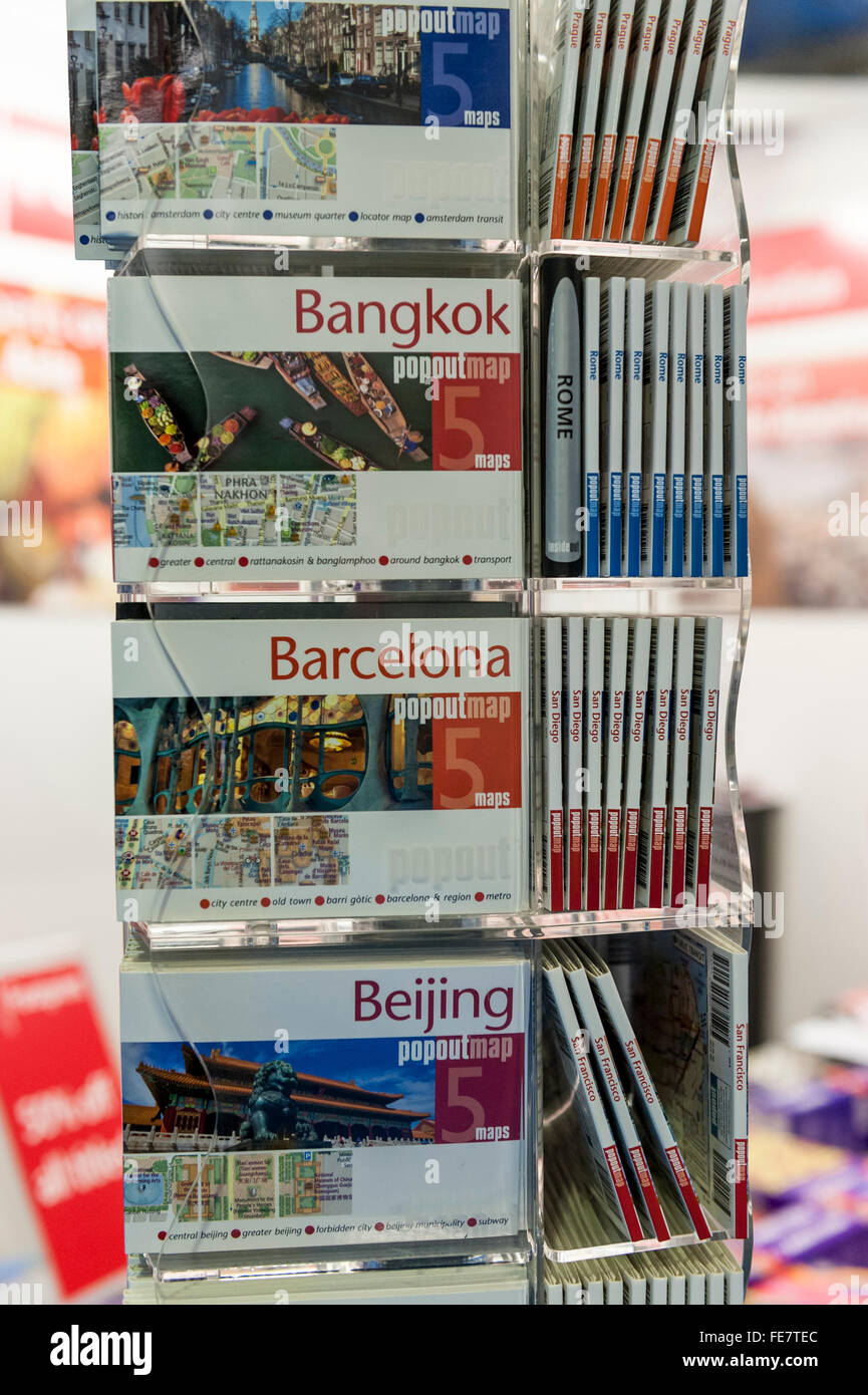 London, UK. 4 February 2016. Pop-up maps to worldwide destinations on ...