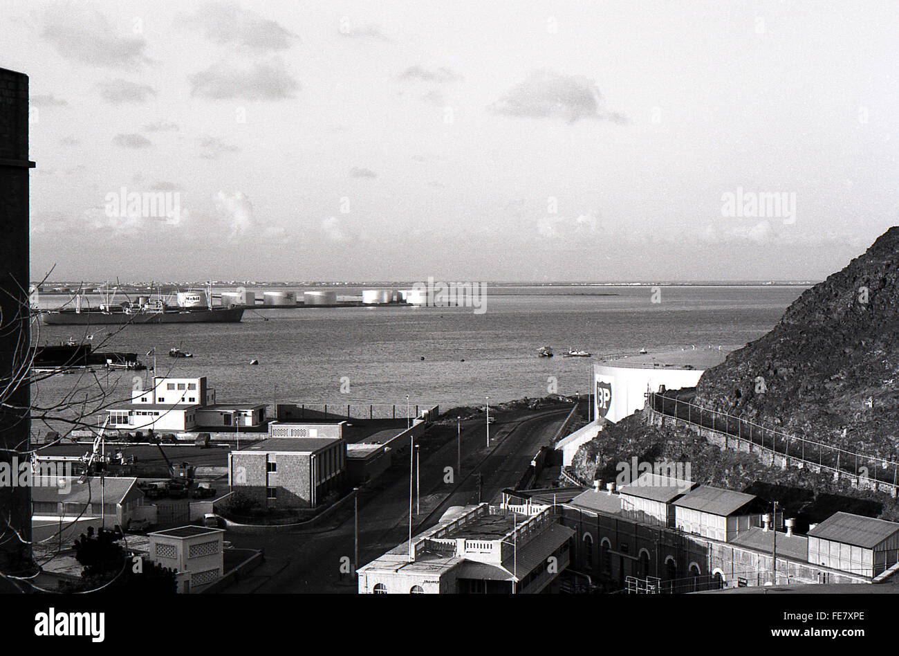 BP petrol tanks and ships Aden bay Yemen 1967 British withdrawal Stock ...
