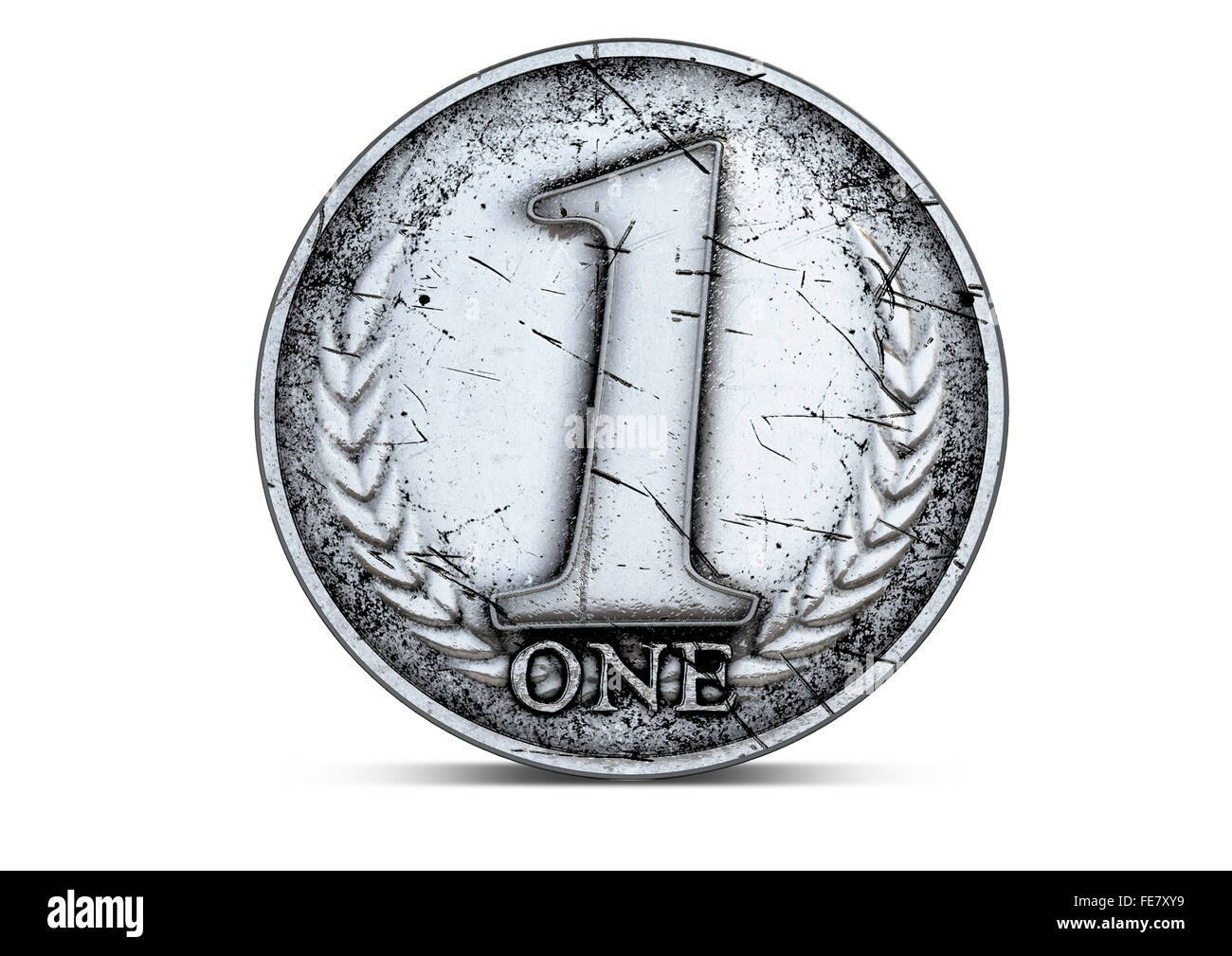 A closeup of an antique silver coin with a number one and a wreath on ...