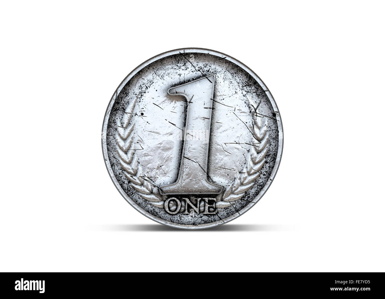 A closeup of an antique silver coin with a number one and a wreath on ...