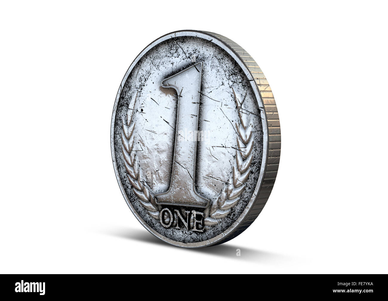 A closeup of an antique silver coin with a number one and a wreath on ...