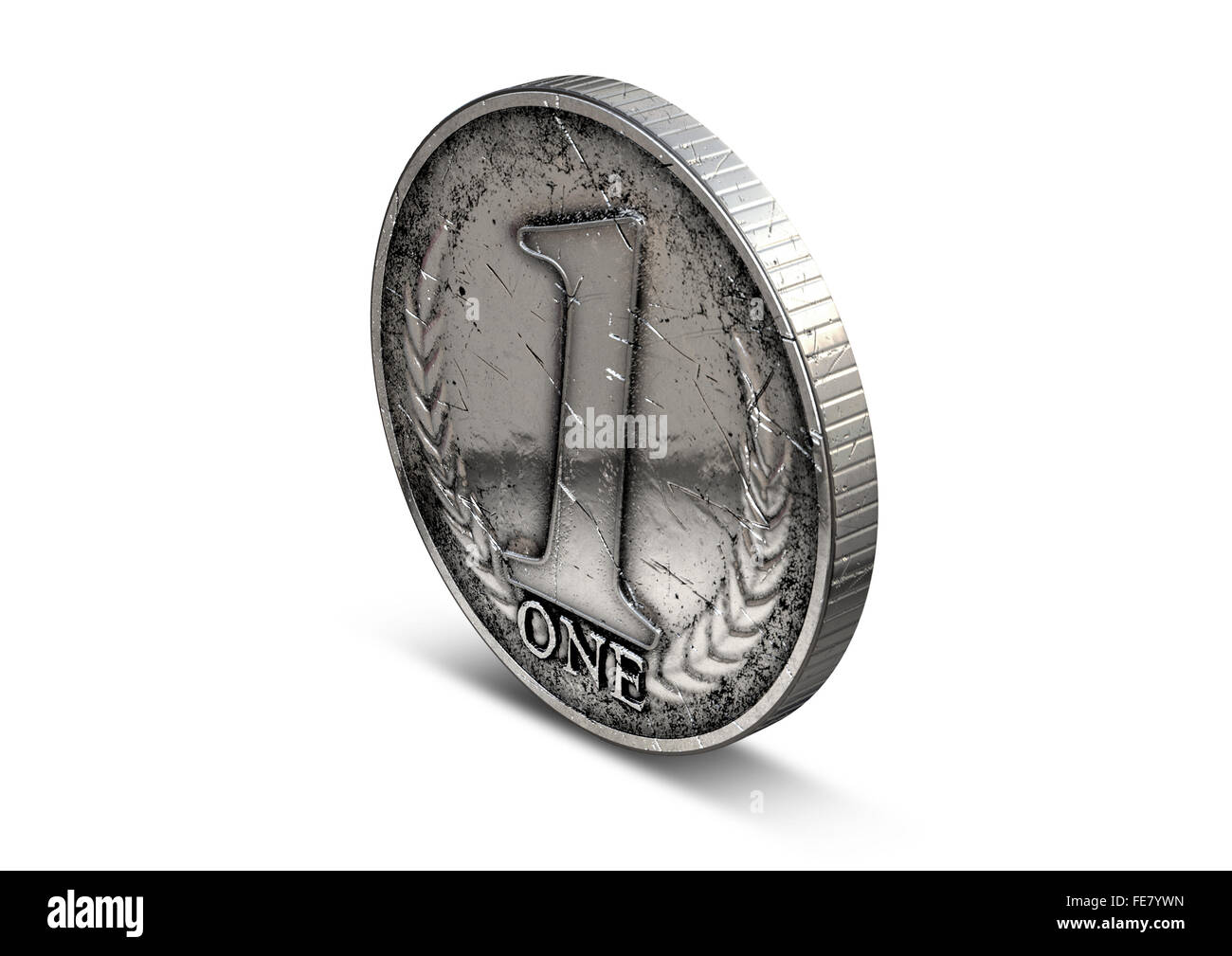 A closeup of an antique silver coin with a number one and a wreath on ...