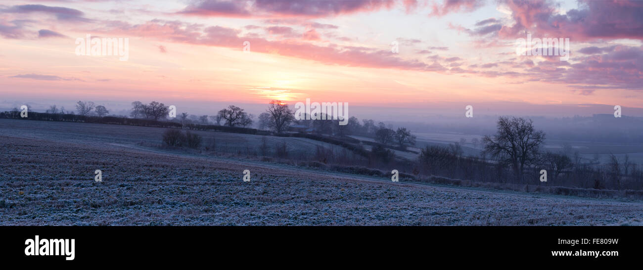 A panoramic view in colourful pre-dawn light over a frosted landscape ...