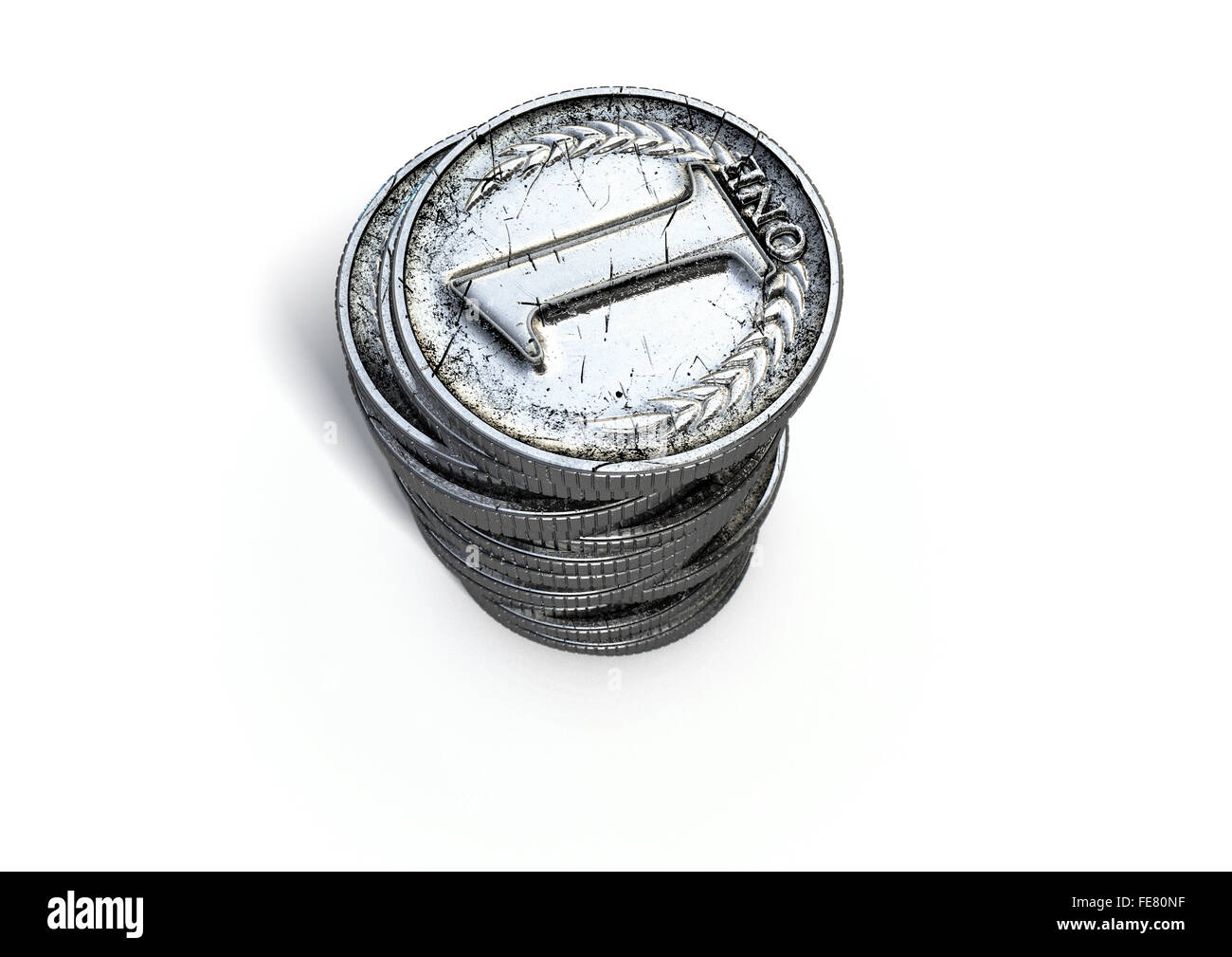 A closeup of a stack of antique silver coins with a number one and a ...