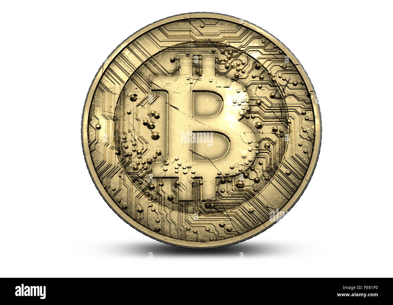 A concept showing a physical golden bitcoin cryptography digital ...