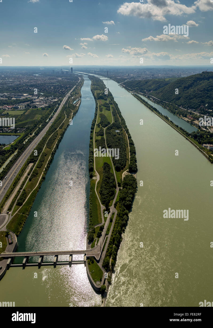 Aerial view, Danube Island, Danube and discharge channel ...