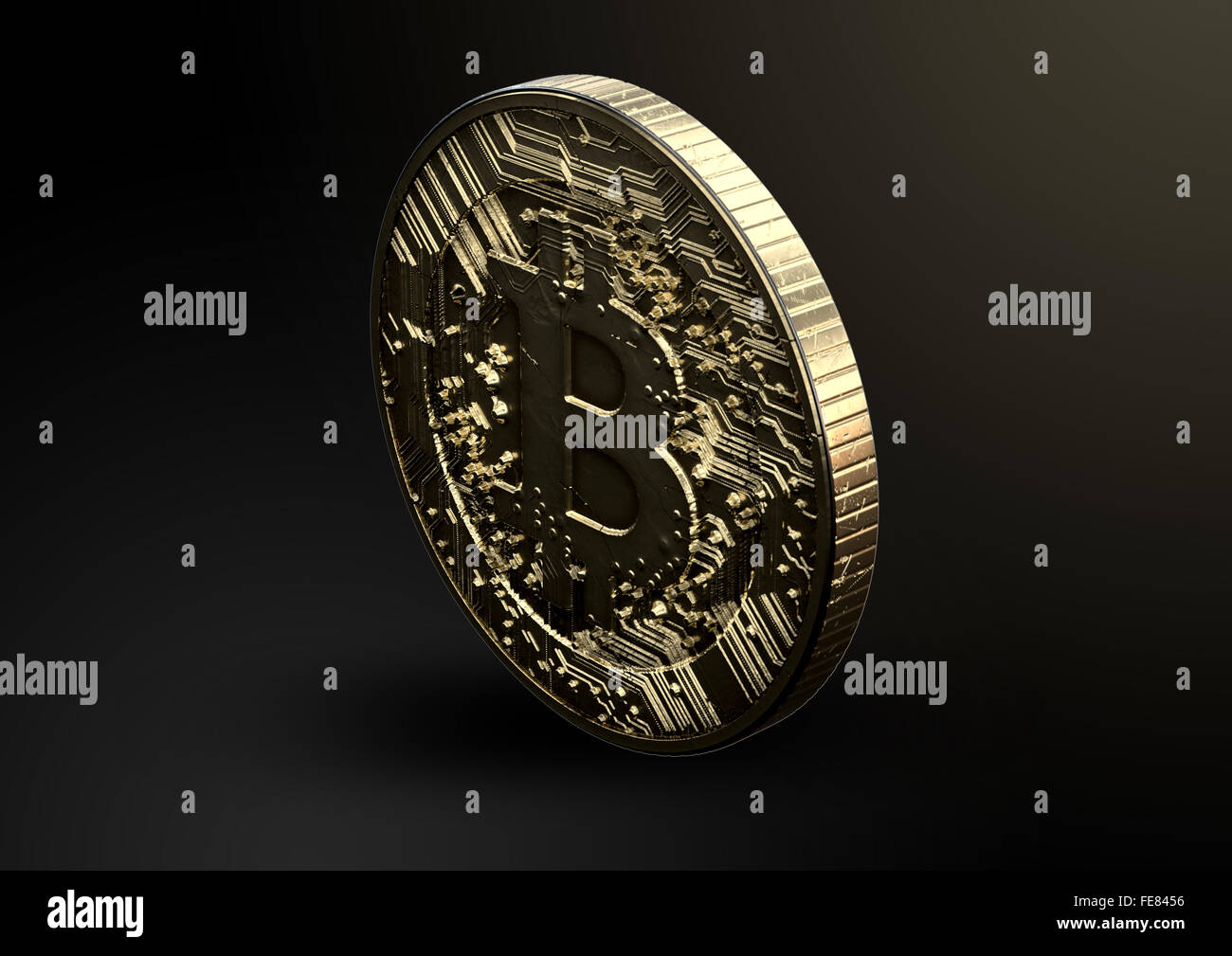 A concept showing a physical golden bitcoin cryptography digital ...
