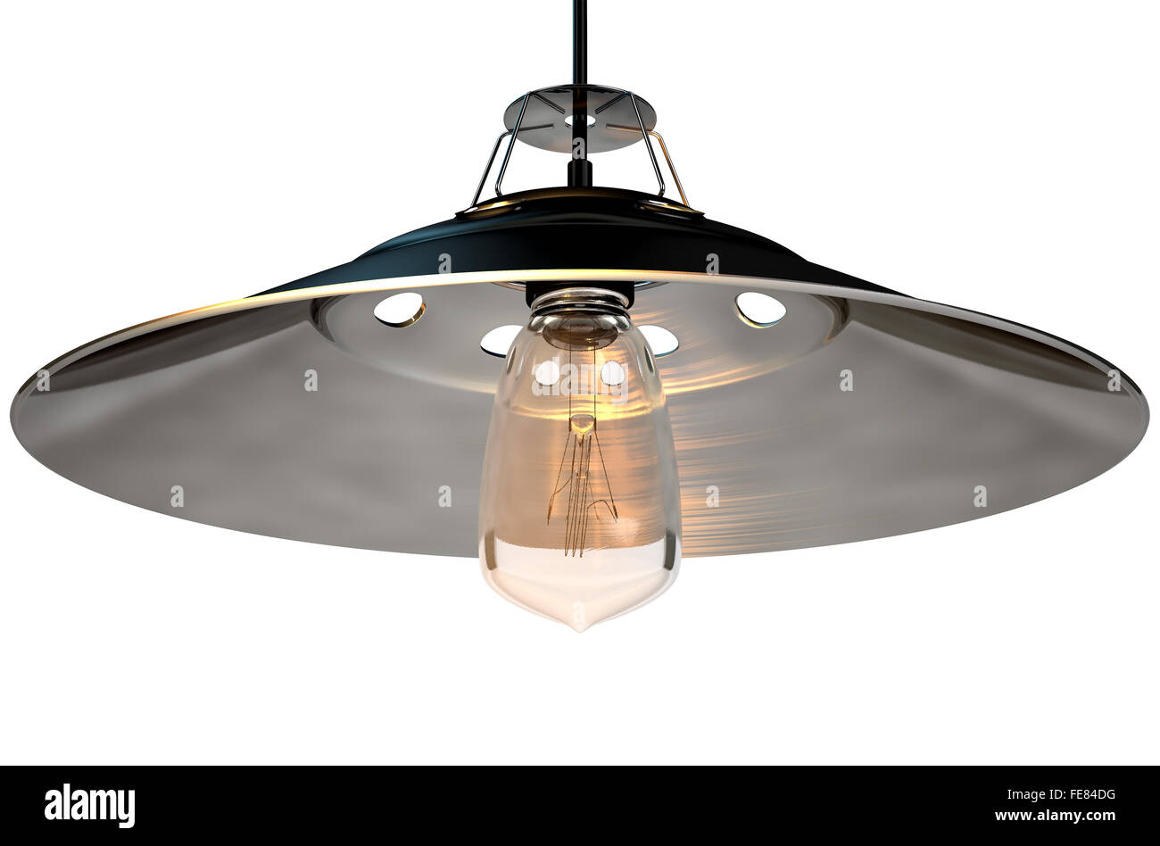 A retro light fitting with a lamp shade and a bulb on an isolated white ...