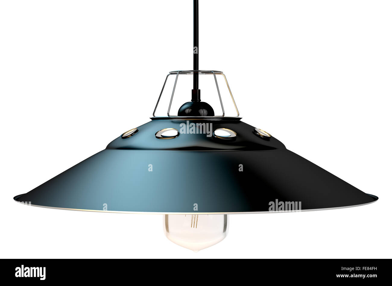 A retro light fitting with a lamp shade and a bulb on an isolated white ...