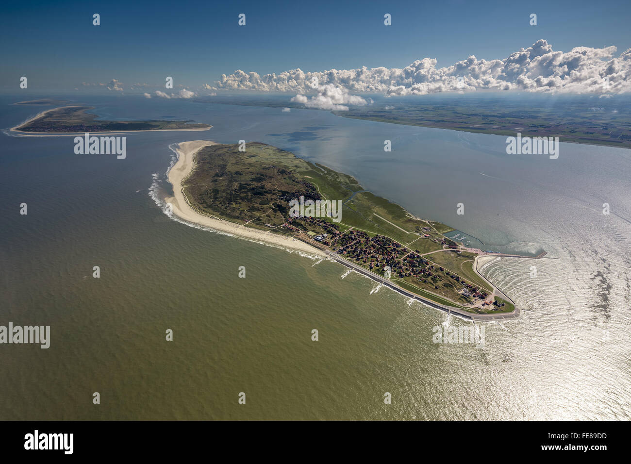 Groynes against land loss, Wadden Sea, aerial view, Baltrum, North Sea ...