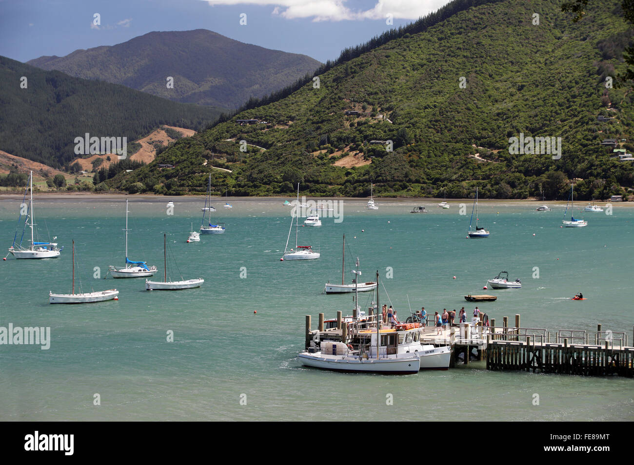 Anakiwa wharf, and the waiting boat back to Picton, Marlborough, New ...