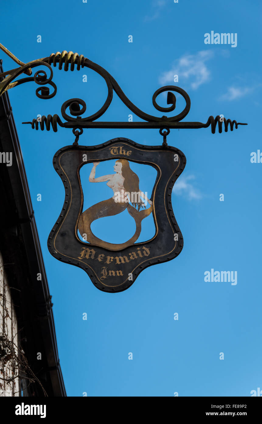 Hanging wrought iron sign at the Mermaid Inn, Rye, East Sussex Stock ...