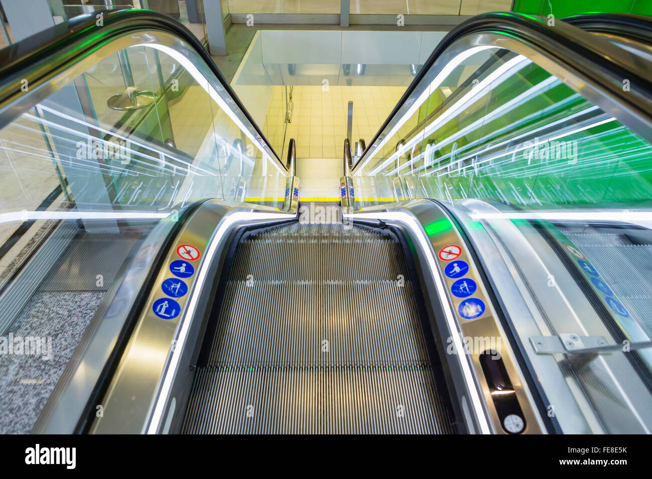 Top view of escalators, green color combination. panoramic angle of ...