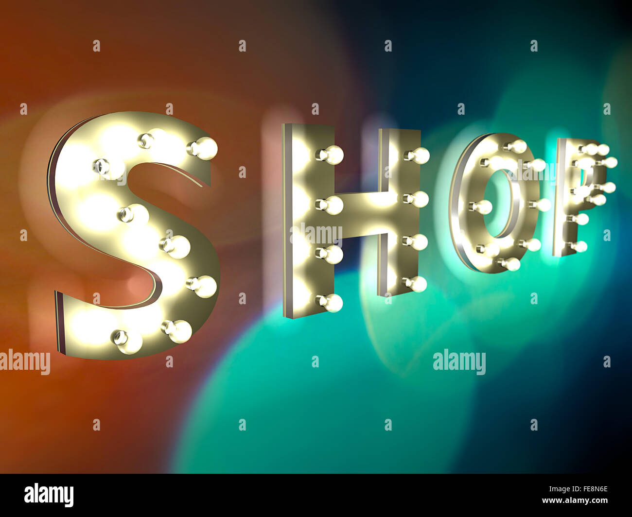 3d Store Sign with lighting bulbs on multicolor background Stock Photo ...
