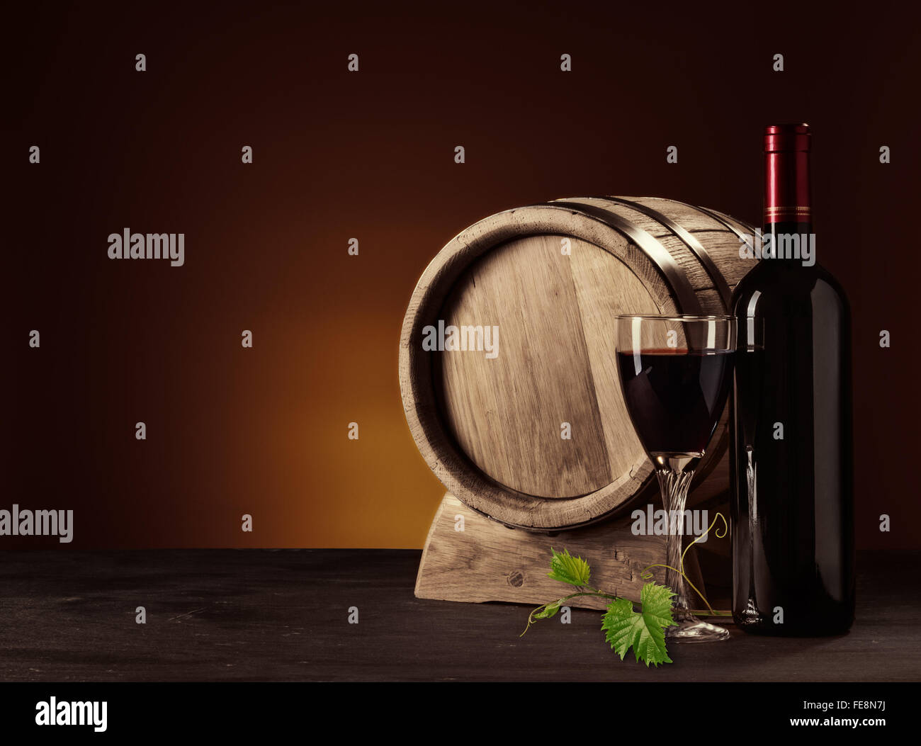 still life with bottle, glass and oak barrel Stock Photo - Alamy
