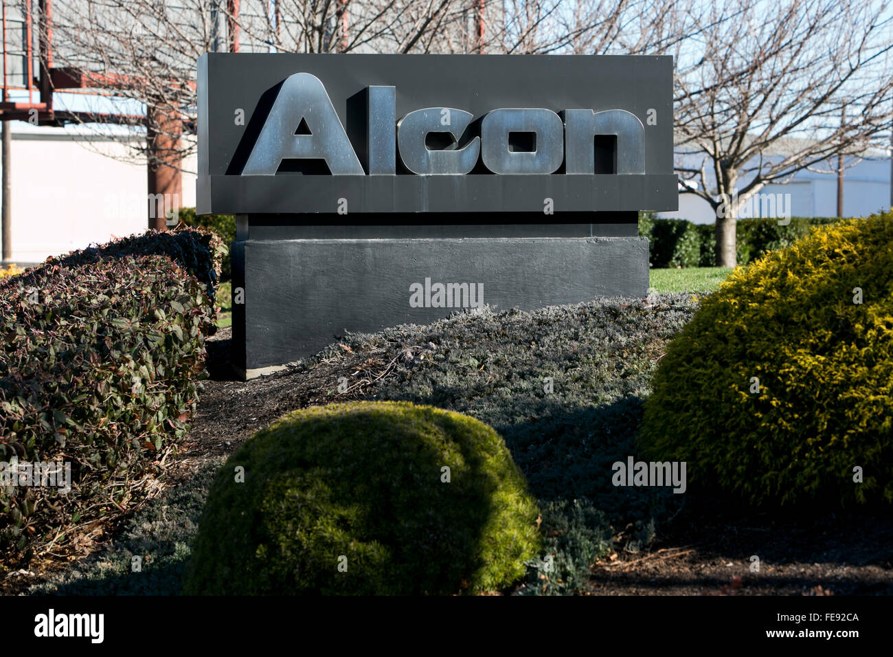 A logo sign outside of a facility occupied by Alcon Inc., in Sinking ...