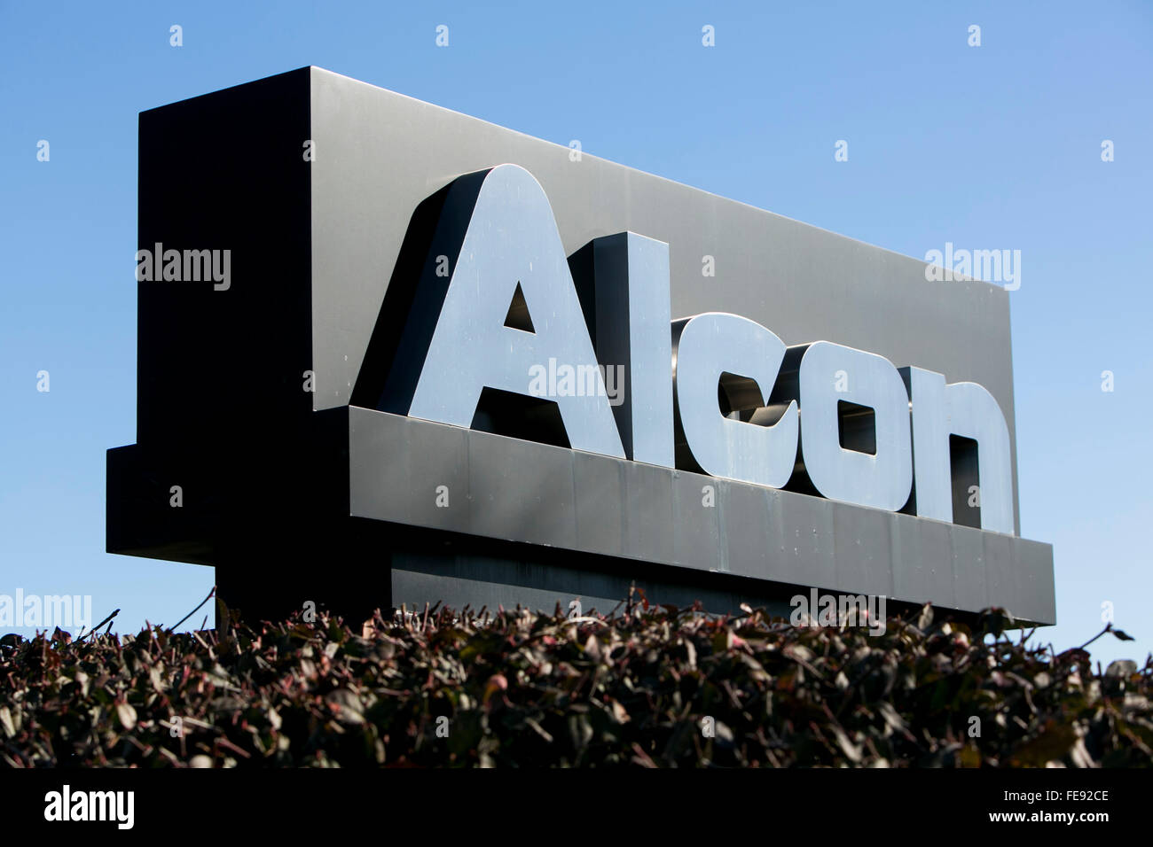 A logo sign outside of a facility occupied by Alcon Inc., in Sinking ...