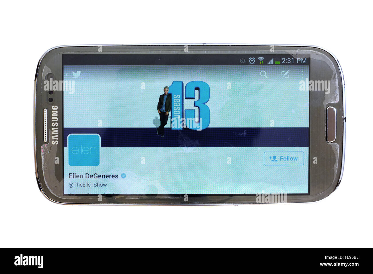 Ellen DeGeneres's twitter account on a smartphone screen photographed ...