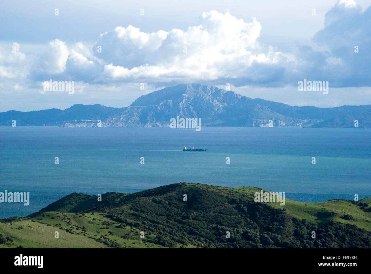 A view across the Strait of Gibraltar taken from the hills above Tarifa ...