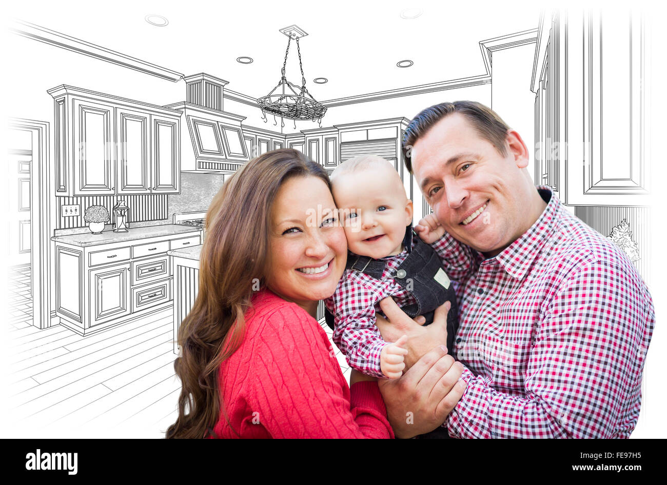 Happy Young Family Over Custom Kitchen and Design Drawing Stock Photo ...