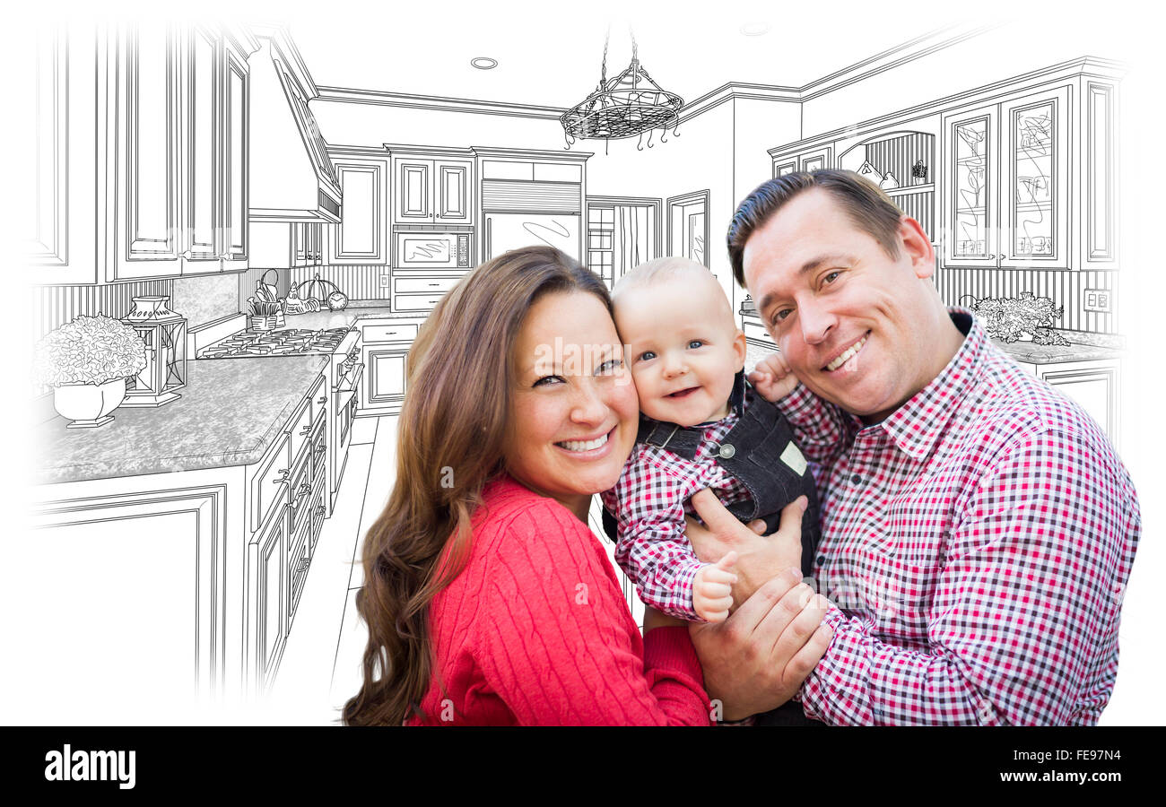 Happy Young Family Over Custom Kitchen and Design Drawing Stock Photo ...