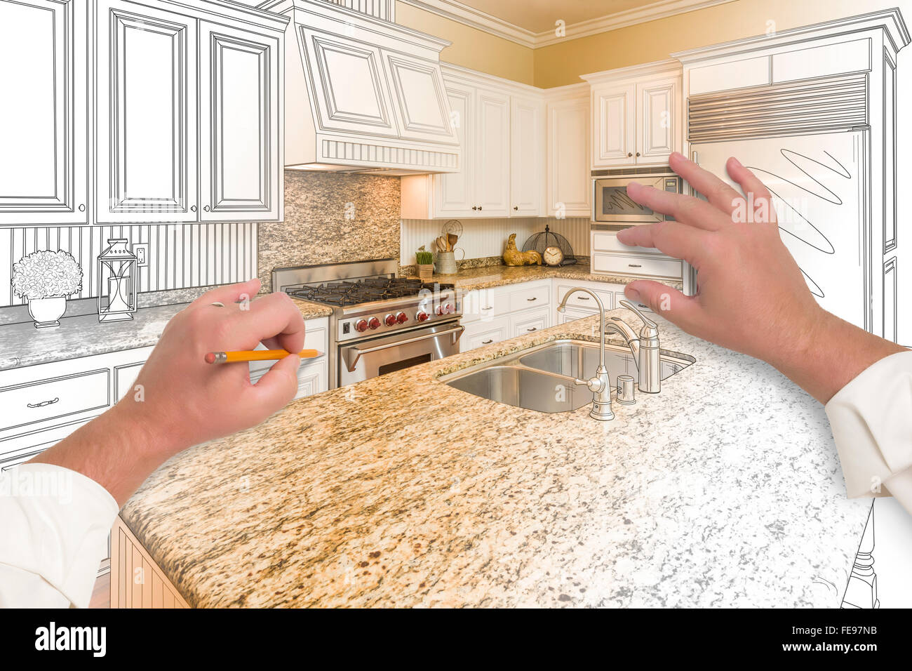 Male Hands Sketching with Pencil A Custom Kitchen with Photo Showing ...