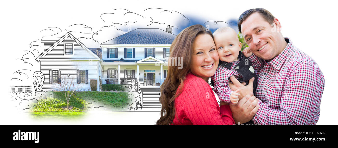 Happy Family In Front Of House Drawing