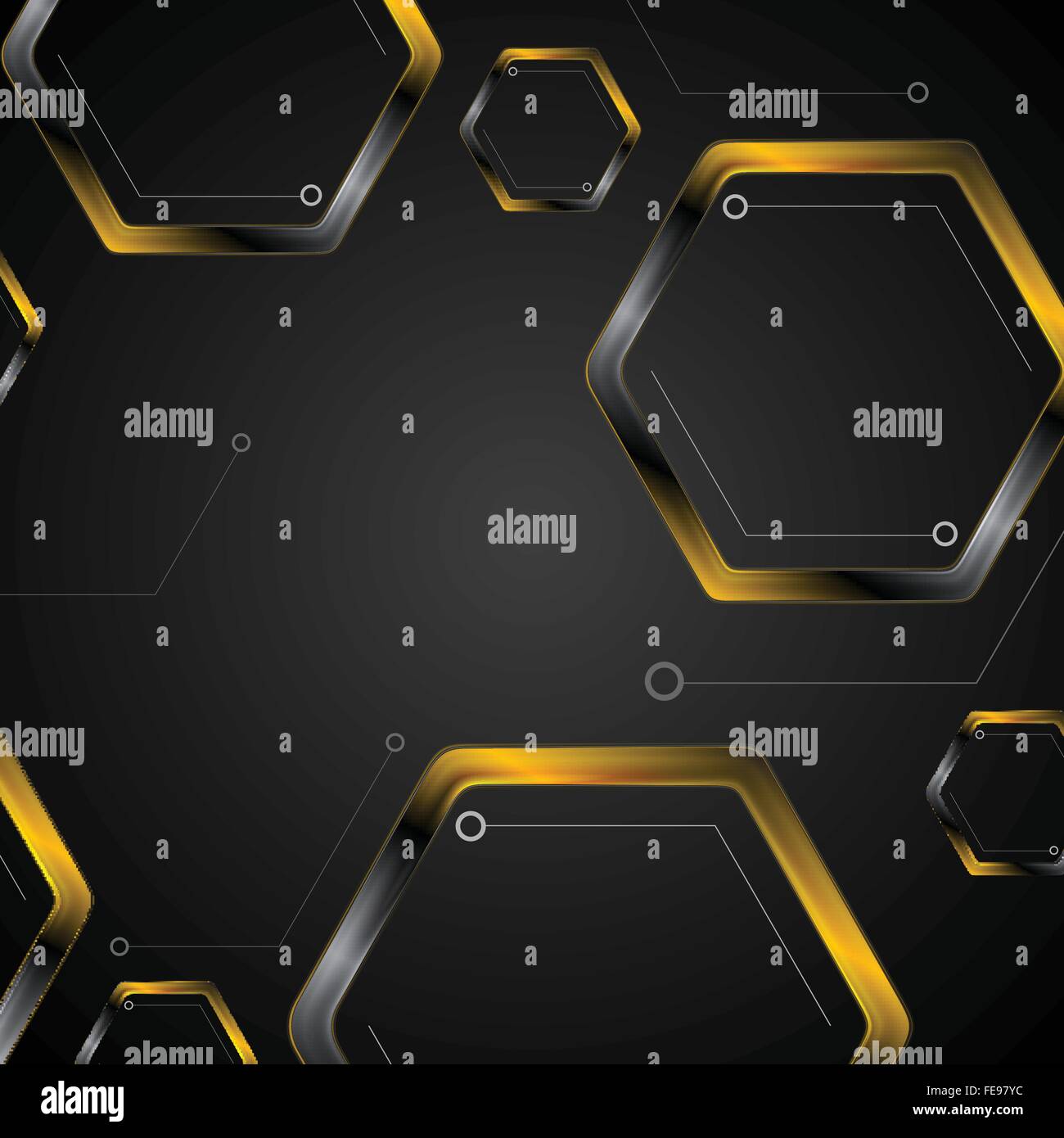Dark tech background with black orange hexagons. Vector illustration ...