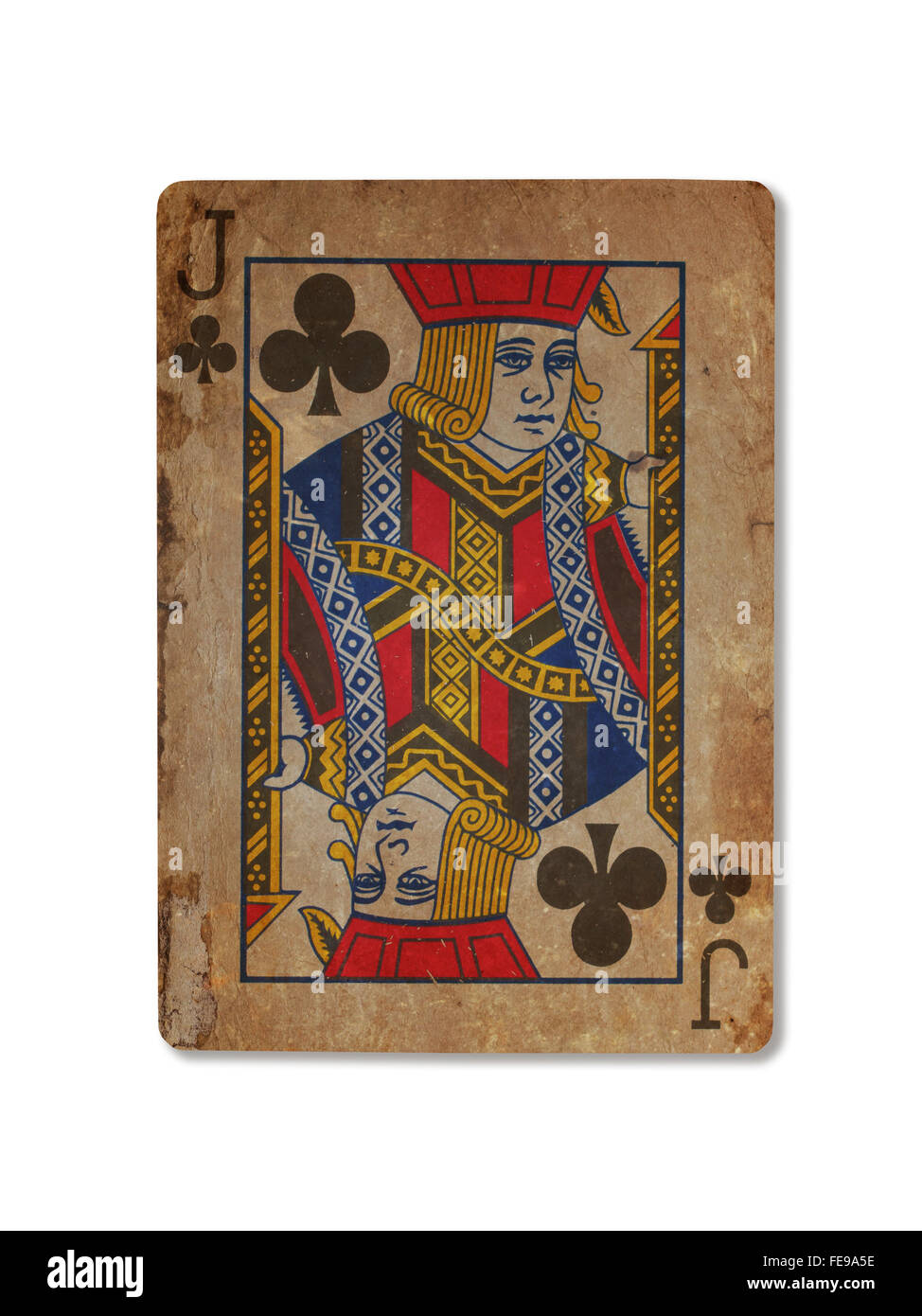 Very old playing card isolated on a white background, Jack of clubs ...