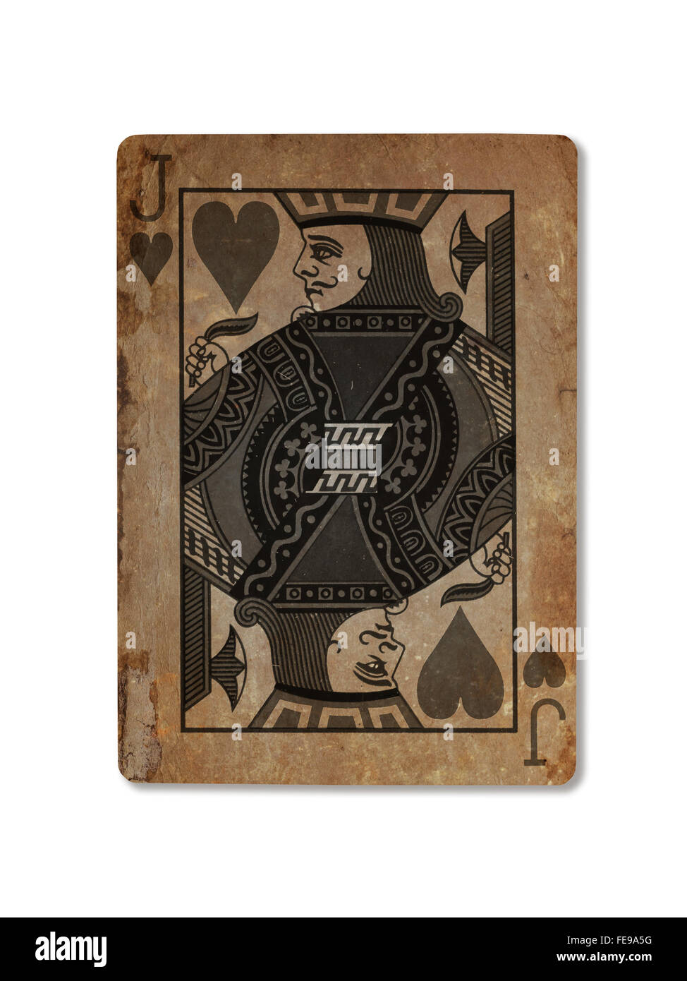 Very old playing card isolated on a white background, Jack of hearts ...