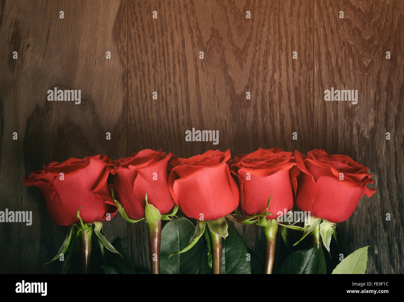 composition with dark red roses in a row on wood table Stock Photo - Alamy