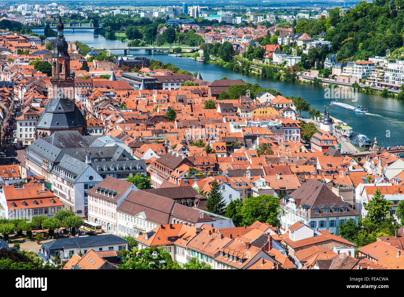 View from the castle over the River Neckar, the Church of the Holy ...