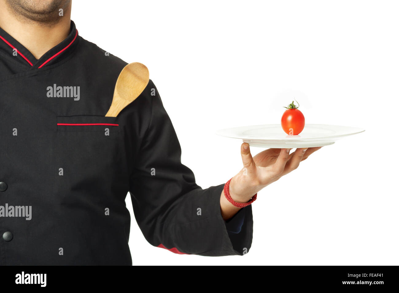 Afro American professional cook holding plate - isolated on white ...