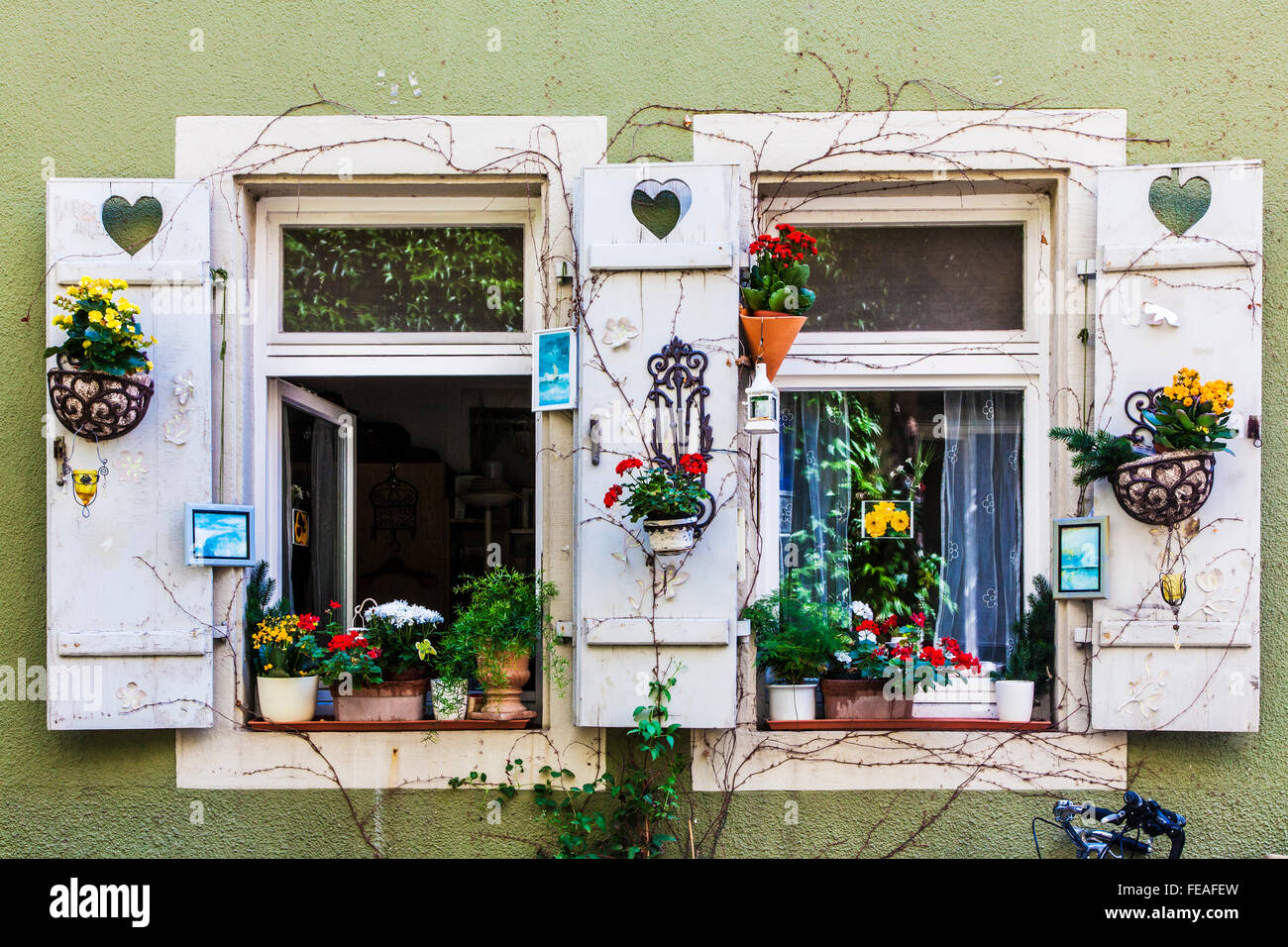 Pretty windows with flower pots and wooden shutters in the old town ...