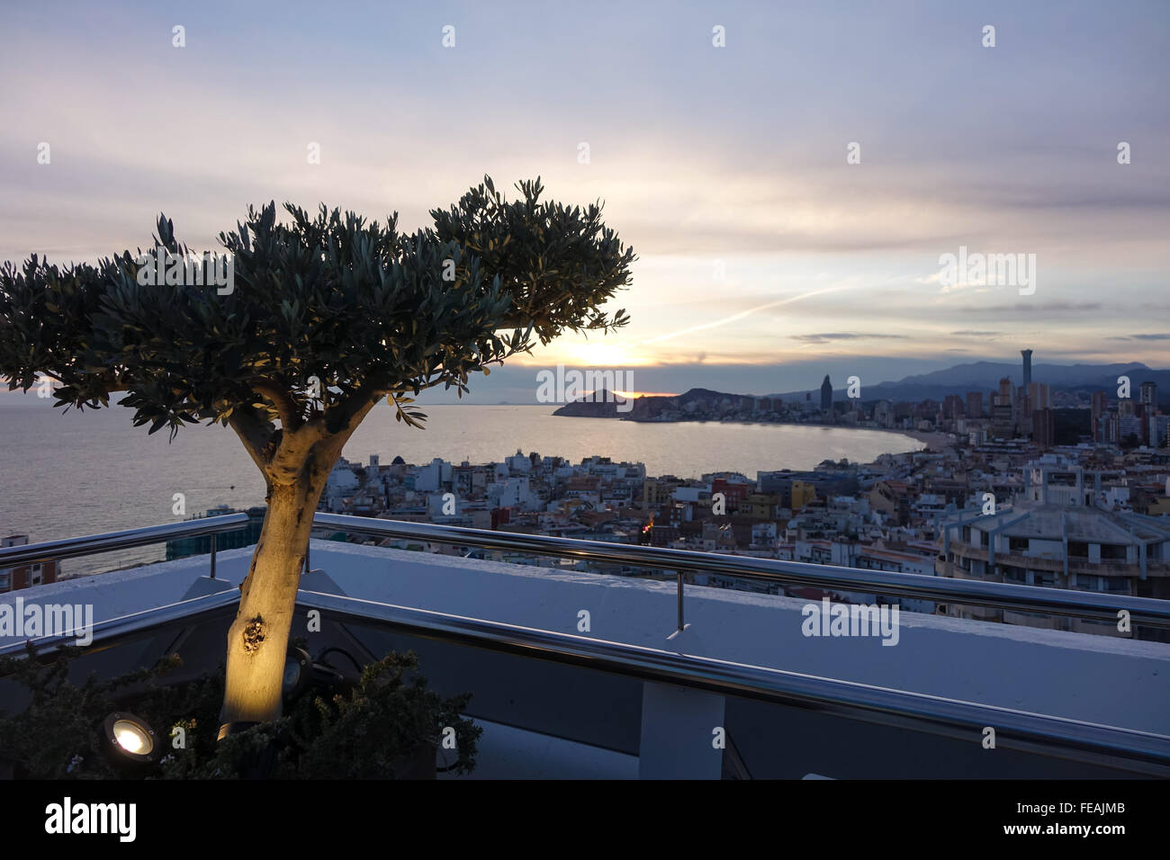 Benidorm, Spain, view from Madeira Centro Hotel over old town at dusk ...