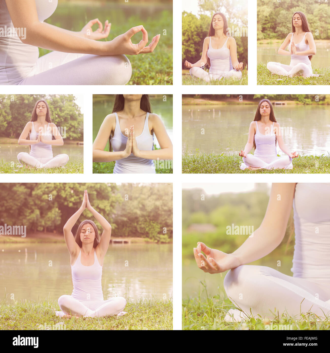 Yoga Meditation Relax Young Woman Outdoor. Collage of Healthy Lifestyle ...